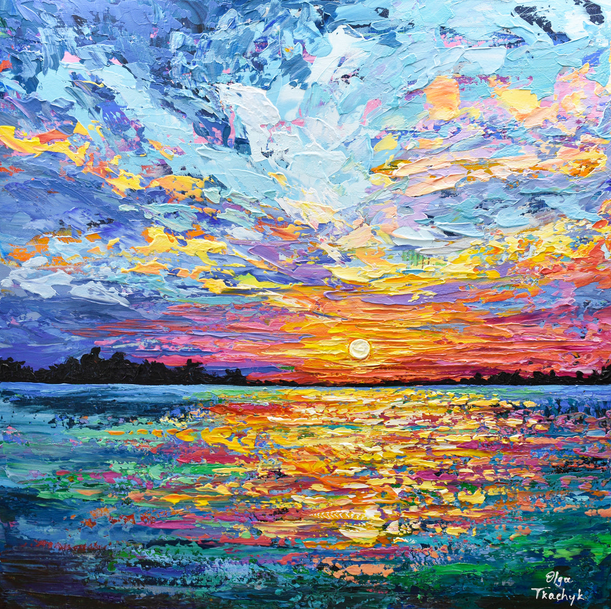 Magical Sunset, Seascape Sunset Palette Knife Painting, Acrylic, 24"x24 ...