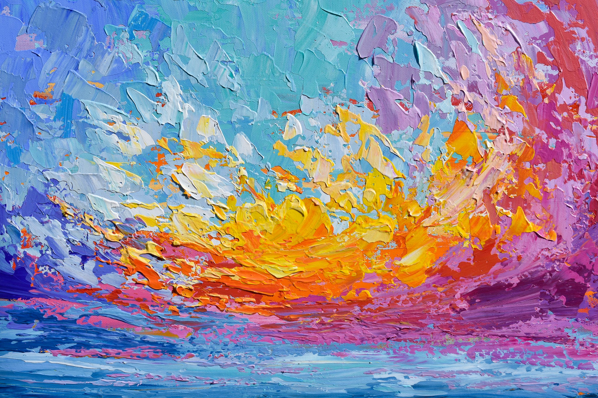 Original impasto sunset ocean painting on canvas, palette knife art ...