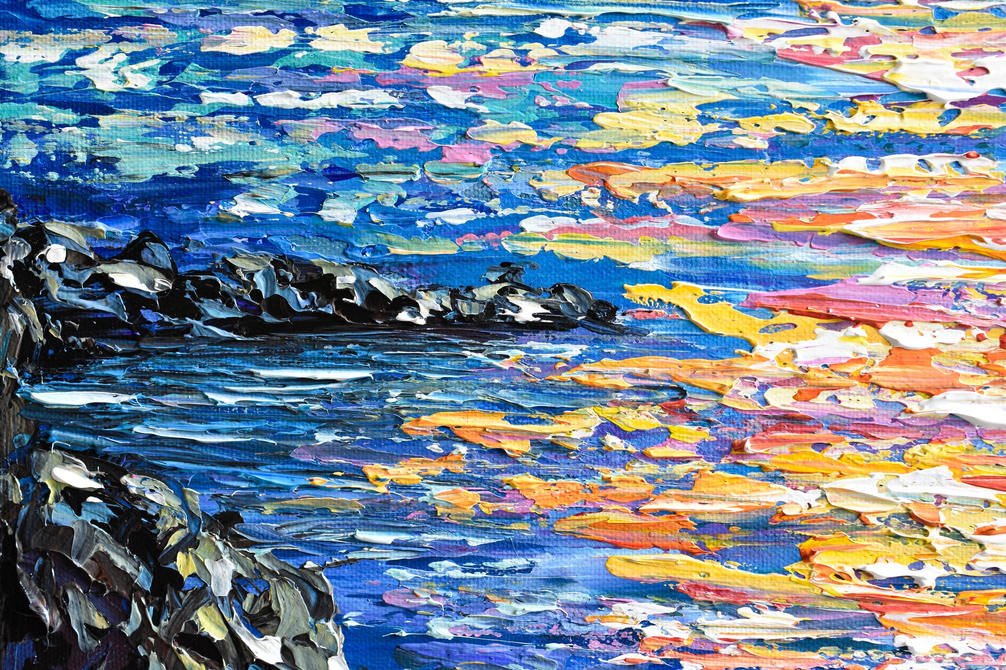 Original impasto sunset ocean painting on canvas, palette knife art ...