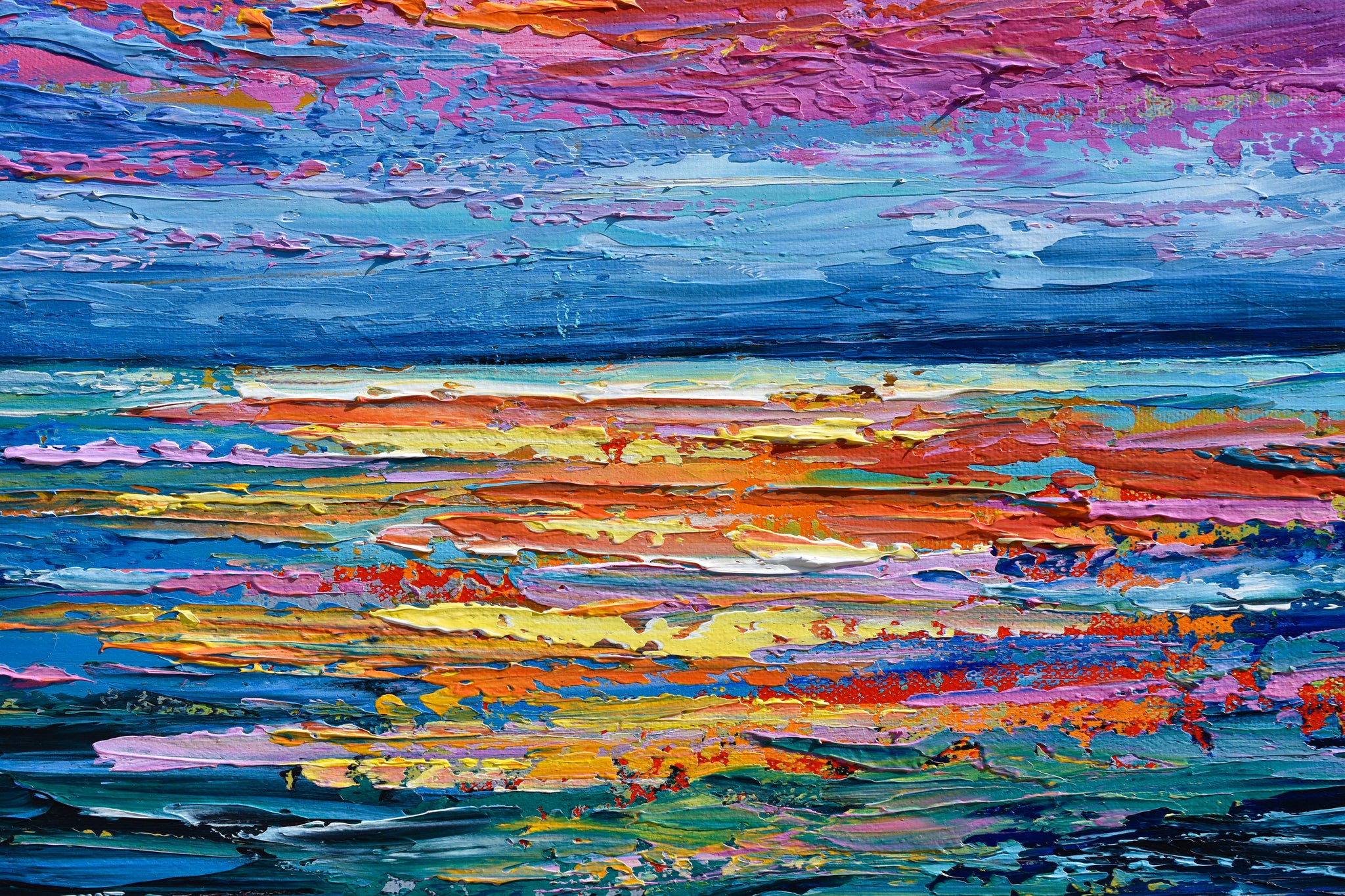 Original impasto sunset ocean painting on canvas, palette knife art ...